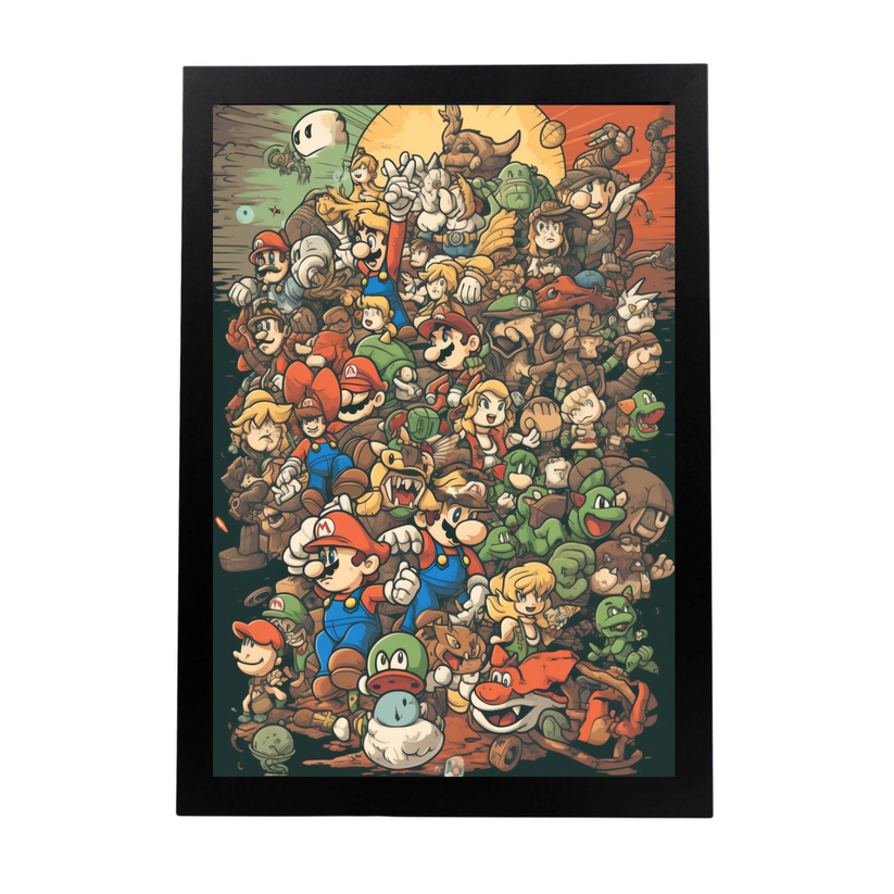 Póster de ilustración de personajes famosos de videojuegos en papel de ...